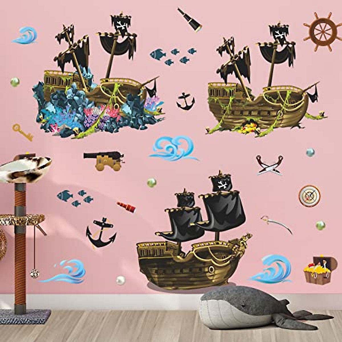 4 Sheet Pirate Ship Wall Sticker Shipwreck Wall Decal DIY Self-Adhesive Waterproof Waves Treasure Fish Hook Pearl Coral Reef Wall Art Decoration for Kitchen Bathroom Kids Boys Bedroom Playroom Nursery (A)