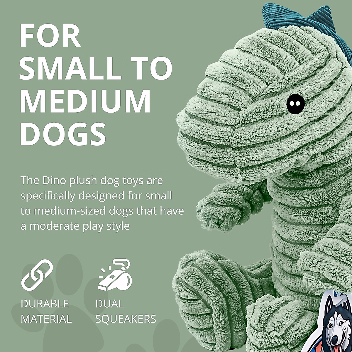 MORELIFE Naughty Dogs Dinos Plush Squeaky Toy | for Small Medium Large Dogs, All Dog Breeds, Green