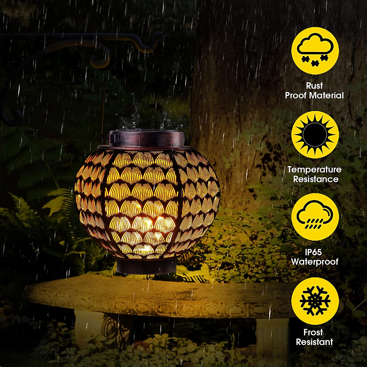 Bownew Outdoor Hanging Solar Lantern Outside Waterproof Metal Solar Powered Lights Decor for Garden Patio Deck Lawn Pathway Yard Porch Balcony Tabletop and Tree