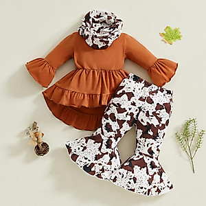 Emmababy Toddler Baby Girl Clothes Long Sleeve Cow Print OutfitT-Shirt + Flare Pants Bell-Bottom Tie Dye Leggings Set 0-4T (3PCS brown, 12-18 Months)