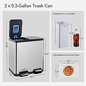 ELPHECO Dual Compartment Recycling Kitchen Step Trash Can 2×5.4 Gallon Stainless Steel Garbage Can for Kitchen with 2 Removable Buckets and Lids