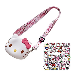 Kitty Cat Purse with Adjustable Lanyard And Stickers, Zipper Kitty Cat Wallet Kuluomi Crossbody Bag Shoulder Bag Coin Pouch Sanlio Accessories for Women