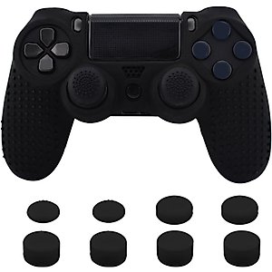 Anti-Slip Soft Silicone Rubber Cover Skin Case for Sony PlayStation 4 PS4 PS4 Pro Slim Controller with 8 x Thumbsticks Joystick Caps - Black