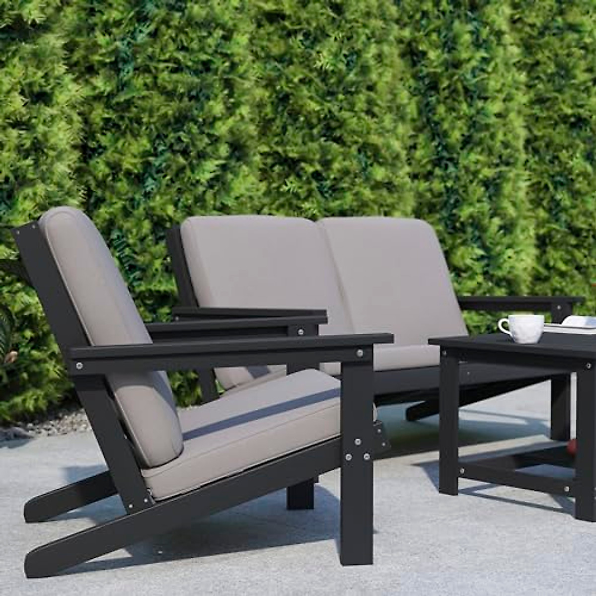 Flash Furniture Charlestown Adirondack Style Deep Seat Patio Club Chair with Cushions - Black Poly Resin Frame - Cream All-Weather Cushions - Indoor/Outdoor