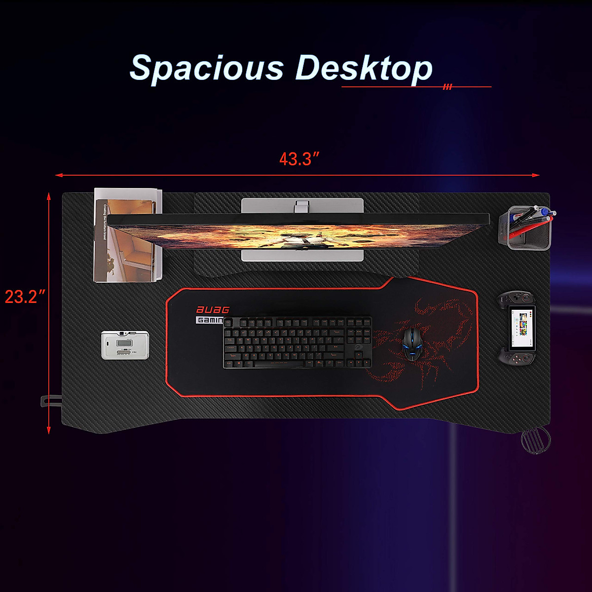 AuAg 44 inch Gaming Desk with Monitor Shelf PC Desk, A-Shaped Gaming Table Home Office Computer Desk Modern Ergonomic Racing Style Gamer Workstation with Cup Holder and Headphone Hook (44")