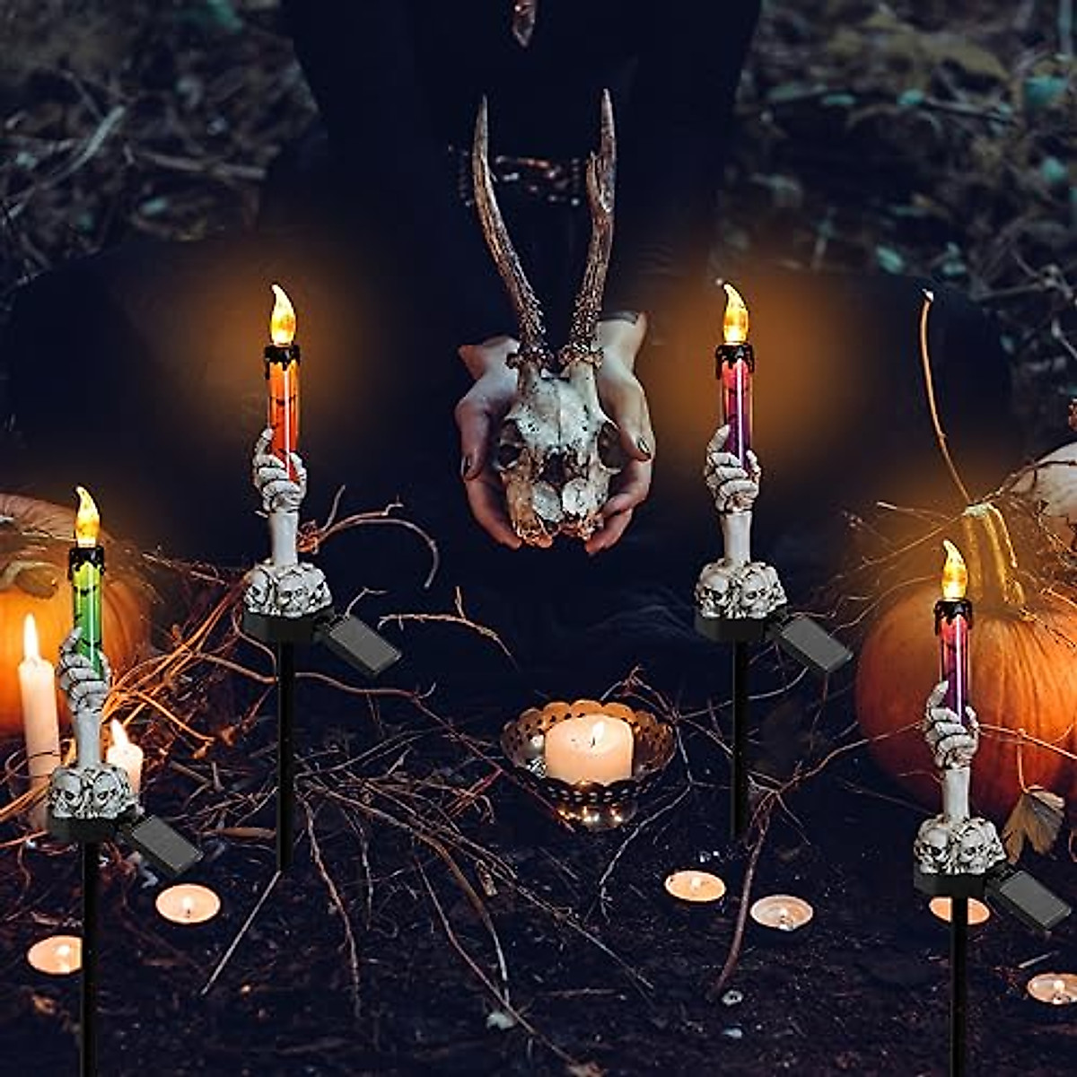 YBB 3 Pack Solar Skeleton Ghost Hands Candle Stake Lights, LED Skull Garden Lawn Yard Pathway Landscape Lights for Halloween Outdoor Decoration