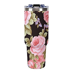 LLUTSNTH 40 Oz Vacuum Tumbler with Deep Blue Handle Leakproof Insulated Tumbler Pink Rose Stainless Steel Travel Mug with Lid And Straw Coffee Cup Cute Water Bottles Cup Holder Friendly