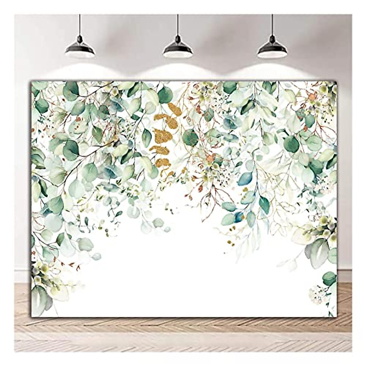 Gold and Green Eucalyptus Leaves Photography Background Spring Still Life Grass Leaf Background Prom Group Photo Backdrops for Wedding Baby Shower Birthday Party Decor Banner 7x5ft