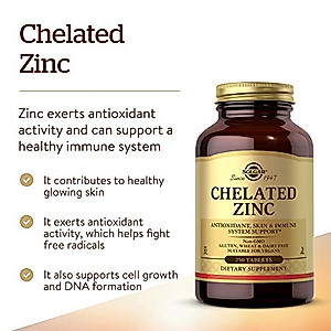 Solgar Chelated Zinc, 250 Tablets - Zinc for Healthy Skin - Supports Cell Growth & DNA Formation - Exerts Antioxidant Activity - Supports A Healthy Immune System - Non GMO, Vegan - 250 Servings