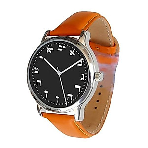Hebrew Numbers Watch Has Large Size Polished Chrome Case with Black Dial and Orange Stitched Leather Strap