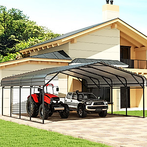 EBE 20' x 20' Metal Carport, Heavy Duty Outdoor Carport with Galvanized Steel Roof, Carport Garage Car Shelter Shade for SUV, Truck and Boats, Grey