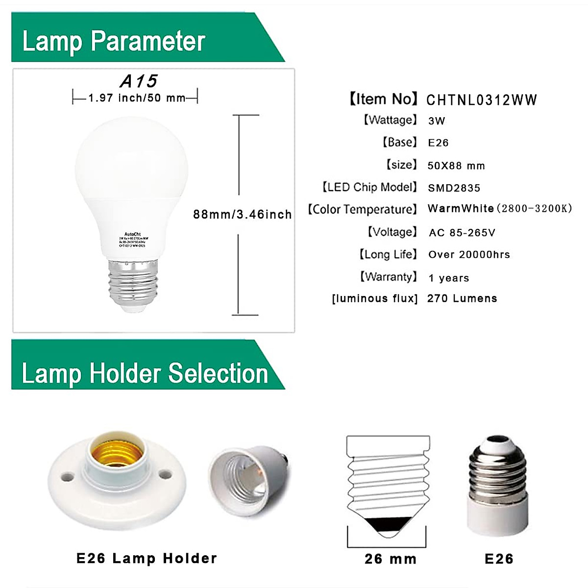 AutoCht LED Light Bulbs 25 Watt Incandescent Equivalent High Bright E26 Base 3 Watt Warm White Energy Saving Bulbs Home Lighting 270 Lumens, A15, Pack of 5