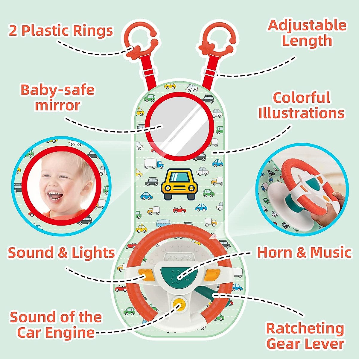 COVTOY Baby Car Seat Toys for Infants with Mirror Carseat Toys Steering Wheel with Music Lights Driving Sounds Car Seat Toy Baby Toys 6-12 Months
