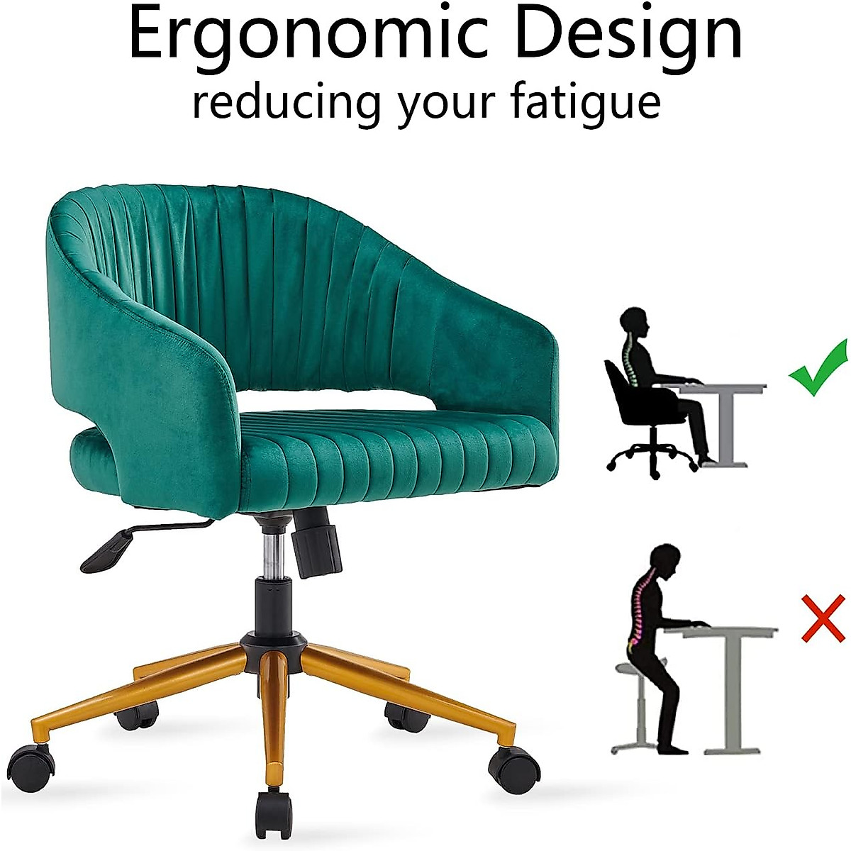 Home Office Chair Swivel Velvet Desk Chair Modern Cute Green Desk Chair with Gold Base for Girls Women Ergonomic Study Seat Computer Task Stools for Living Room (Green)