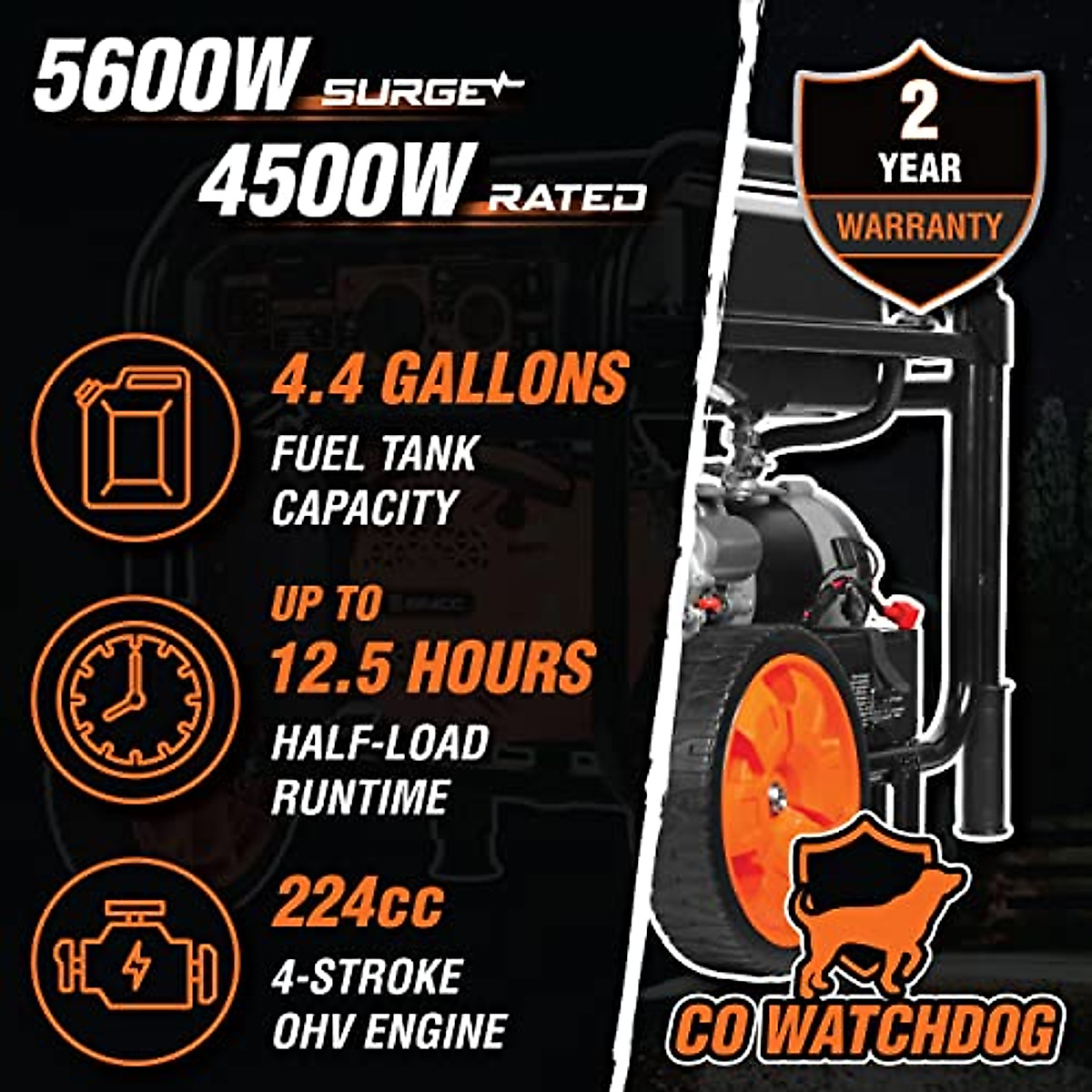 WEN 5600-Watt Portable Generator, Electric Start, 224cc, Transfer-Switch and RV-Ready with CO Shutdown Sensor (GN5602X)