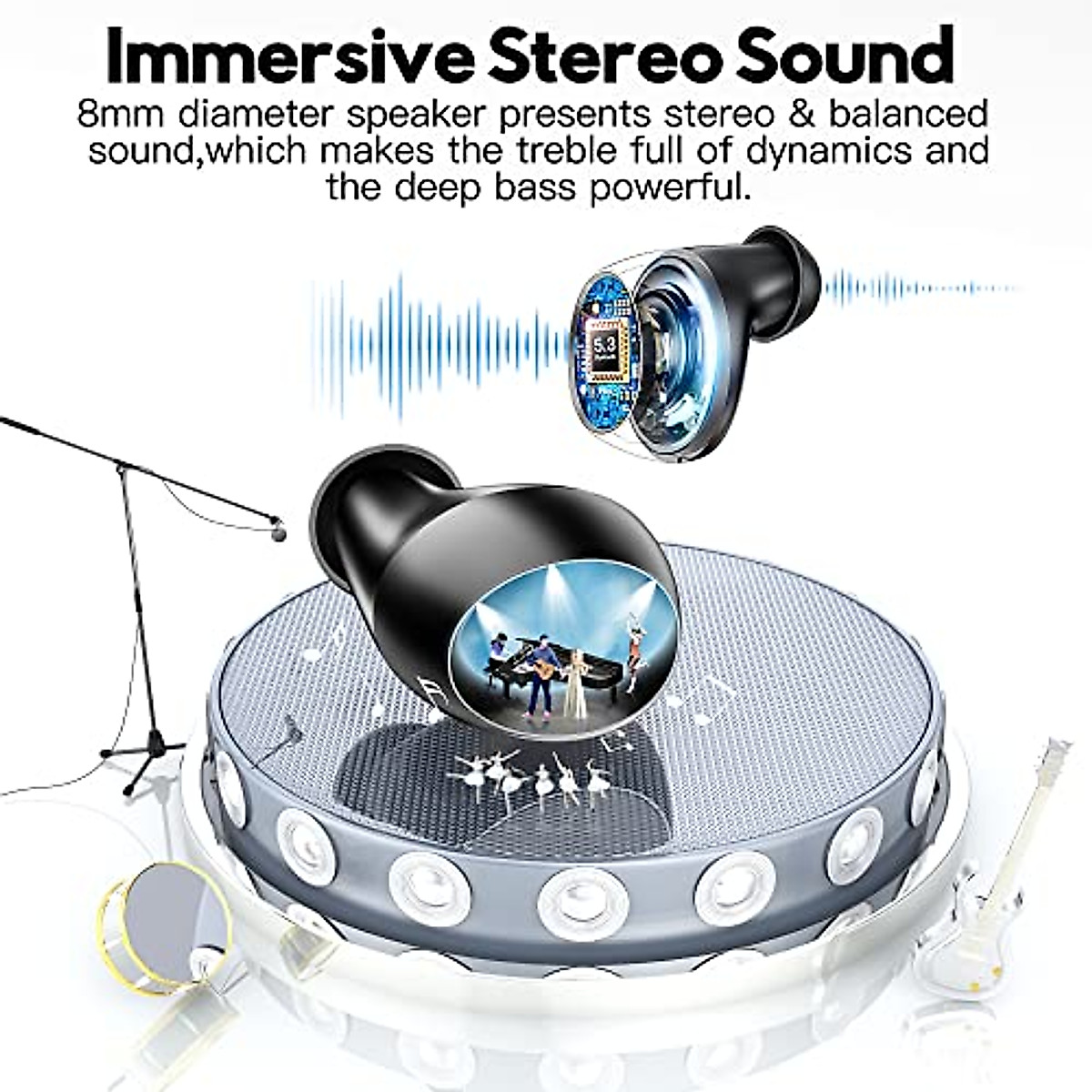 kurdene Wireless Earbuds, Bluetooth Ear Buds with Wireless Charging Case LED Power Display Light-Weight Premium Deep Bass Stereo in-Ear Earphones Built-in Mic 40 hrs Play Time-Black