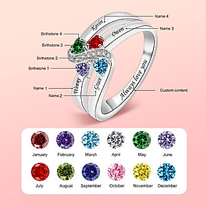 Sterling Silver Mothers Rings with 1-6 Birthstones Women Personalized Rings Engraving Family Name Rings Custom Rings for Mom Grandma Nana (4 stone)