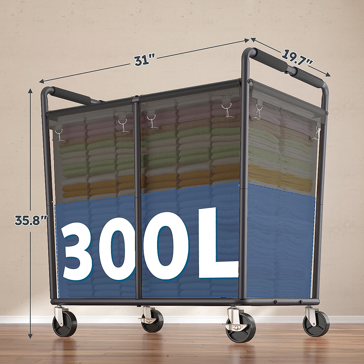 Raybee Large Laundry Basket with Wheels 300L Rolling Laundry Basket Durable Clothes Hamper with Steel Frame 150LBS Laundry Cart with Handle for Laundry Room Organization and Storage Black