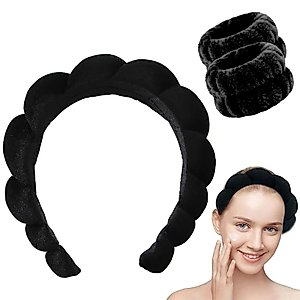 1Spa Headband and 2 Wristbands Set for Women Girls -Sponge & Terry Cloth Fabric Headband for Washing Face, Skincare,Makeup, Shower, Hair Accessories- Wrist Washband Prevent Liquid from Spilling(Black)