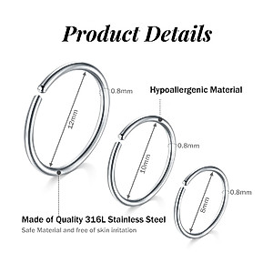 FECTAS Nose Rings Hoop Double Circle Nose Ring Surgical Steel 20g Gauge 8mm 10mm 12mm Nostril Piercing Hoops Jewelry 12PCS