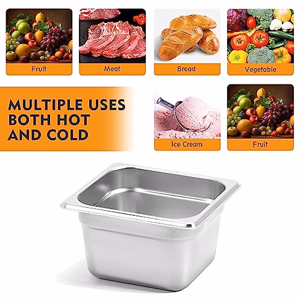 FUSON 4 Pack 1/6 Size 4 Inch Deep Anti Jam Steam Table Pan, NSF, Commercial 18/8 Stainless Steam Pan, Restaurant, Hotel