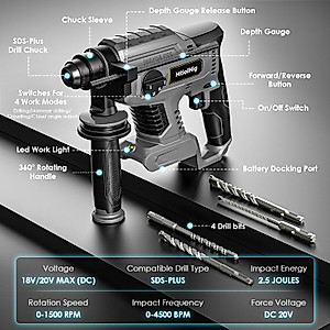 Cordless Rotary Hammer Drill for Dewalt 20V MAX Battery, Brushless SDS-Plus Hammer Drill with Safety Clutch for Concrete/Masonry, 1500 RPM, 4 Modes with 360°Auxiliary Handle, Including 4 Drill Bits