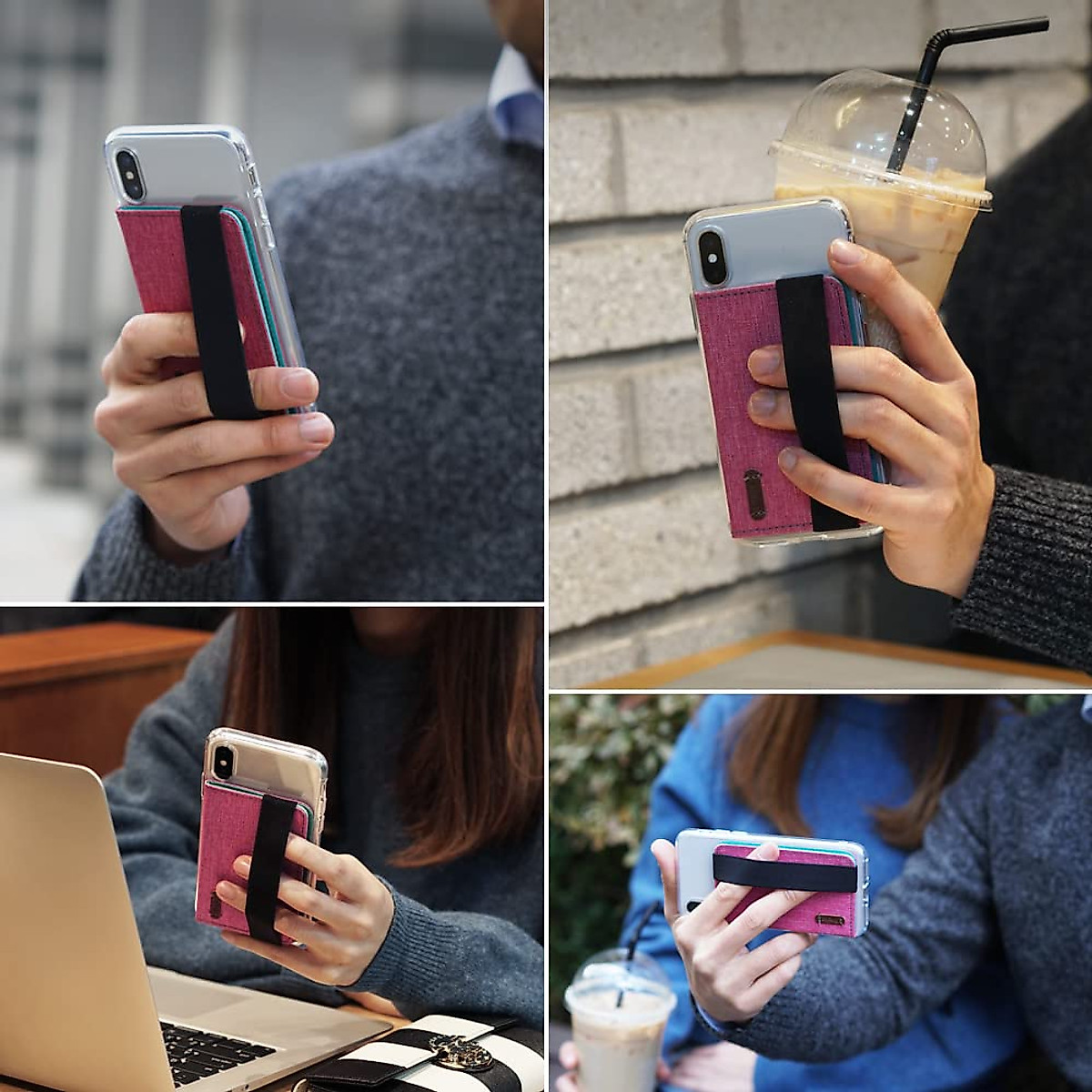 Ringke Flip Card Holder with Elastic Hand Strap Slim Soft Band Grip Fashion Multi-Card Slot 3M Stick-On Wallet Credit Card Cash Mini Pouch Attachment Compatible with Most Smartphones - Pink