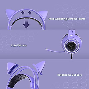 SOMIC G951S Purple Stereo Gaming Headset with Mic for PS4, PS5, Xbox One, PC, Phone, Detachable Cat Ear 3.5MM Noise Reduction Headphones Computer Gaming Headphone Self-Adjusting Gamer Headsets