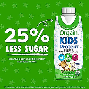 Orgain Organic Kids Nutritional Protein Shake, Vanilla - Kids Snacks with 8g Dairy Protein, 22 Vitamins & Minerals, Fruits & Vegetables, Gluten Free, Soy Free, Non GMO, 8.25 Fl Oz (Pack of 12)