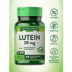 Lutein and Zeaxanthin Supplement | 20mg | 39 Softgels | with Bilberry | Non-GMO & Gluten Free | by Nature's Truth