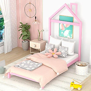 Twin Bed Frame/Kids Bed Frames with Headboard, Girls Bed Twin Size with House Shaped Headboard, Twin Size Bed for Kids, Twin Bed Frame Pink