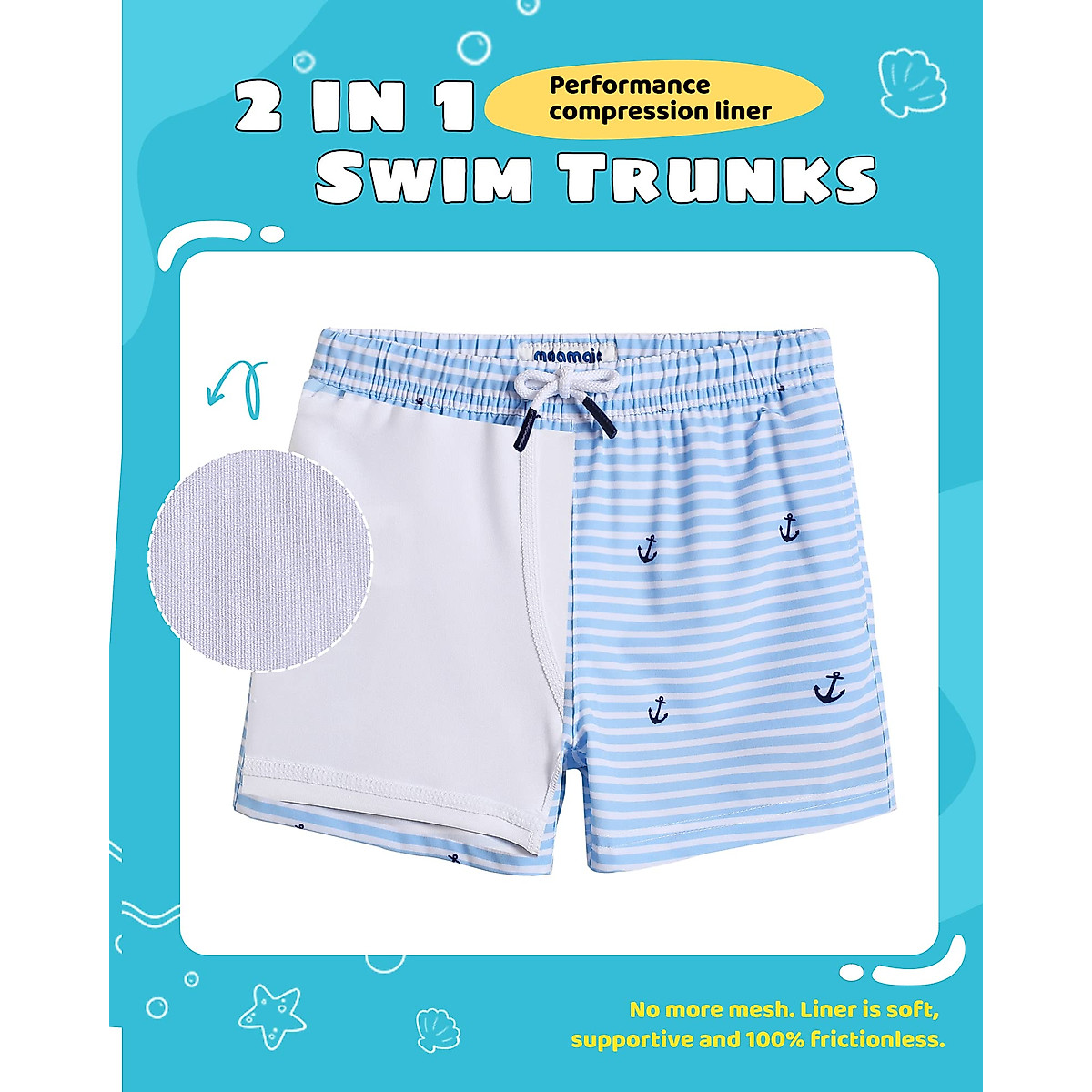 maamgic Boys Swim Trunks with Compression Liner Toddler Stretch Swim Shorts Quick Dry Swimming Trunks Boxer Brief 2 in 1 Beach Shorts White Blue Striped 5/6