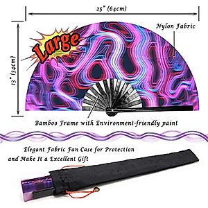 Zolee Large Rave Folding Hand Fan with Bamboo Ribs for Men/Women - Chinese Japanese Handheld Fan with Fabric Case - for Dance Music Festival Party, Performance, Decorations, Gift (Psychedelic)