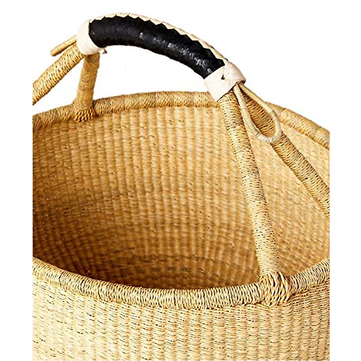 Extra Large Ghana Bolga African Dye-Free Market Basket with Black & Tan Handle - (Extra Large: 16”-18” Across)