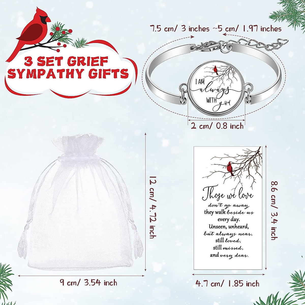 Unittype 3 Set Memorial Gifts Cardinal Memorial Bracelet Jewelry Bangle Sympathy Gift Soul Poem Card Remembrance Gifts Cardinal Gifts(3 Sets)