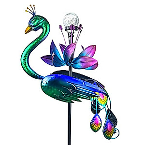 Solar Peacock Wind Spinner, Flower Wind Spinners, Peacock Statue Metal Kinetic Wind Sculpture for Outdoor Yard Patio Garden Decorations-47inch