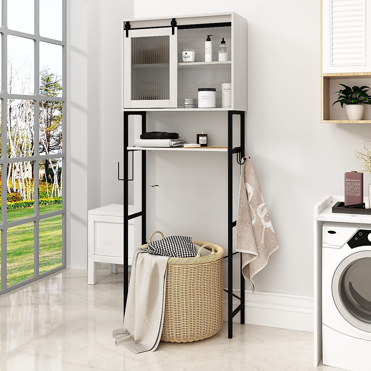 AZODY Over The Toilet Storage Cabinet with Sliding Door,Over Toilet Bathroom Storage Organizer with Adjustable Shelf,Toilet Paper Holder and 3 Hanging Hooks,Space Saver Storage Shelf,White