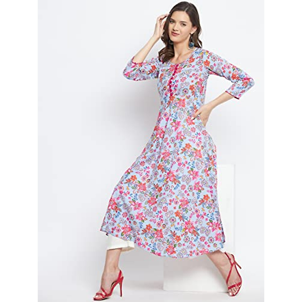 Tissu Women's Rayon Light Blue & Pink Printed A-Line Kurta 2156_Light Blue_XS