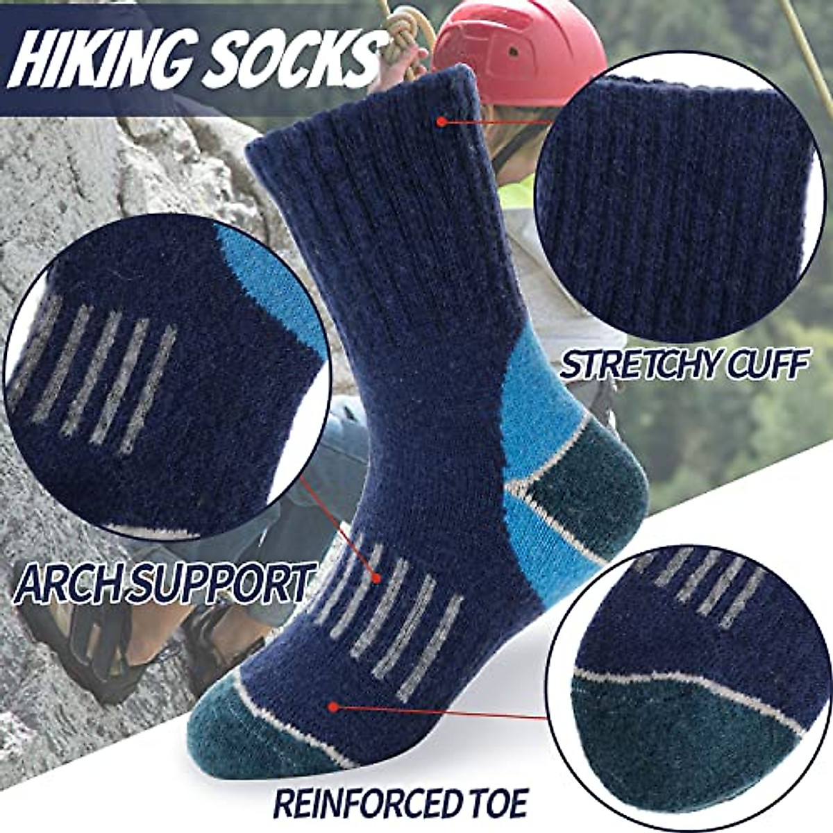 Kids Merino Wool Hiking Socks Boys Toddlers Girls Winter Thermal Thick Warm Boot Cushion Ski Snow Gift Socks Stocking Stuffers 6 Pairs (Color matching, 8-12 Y)