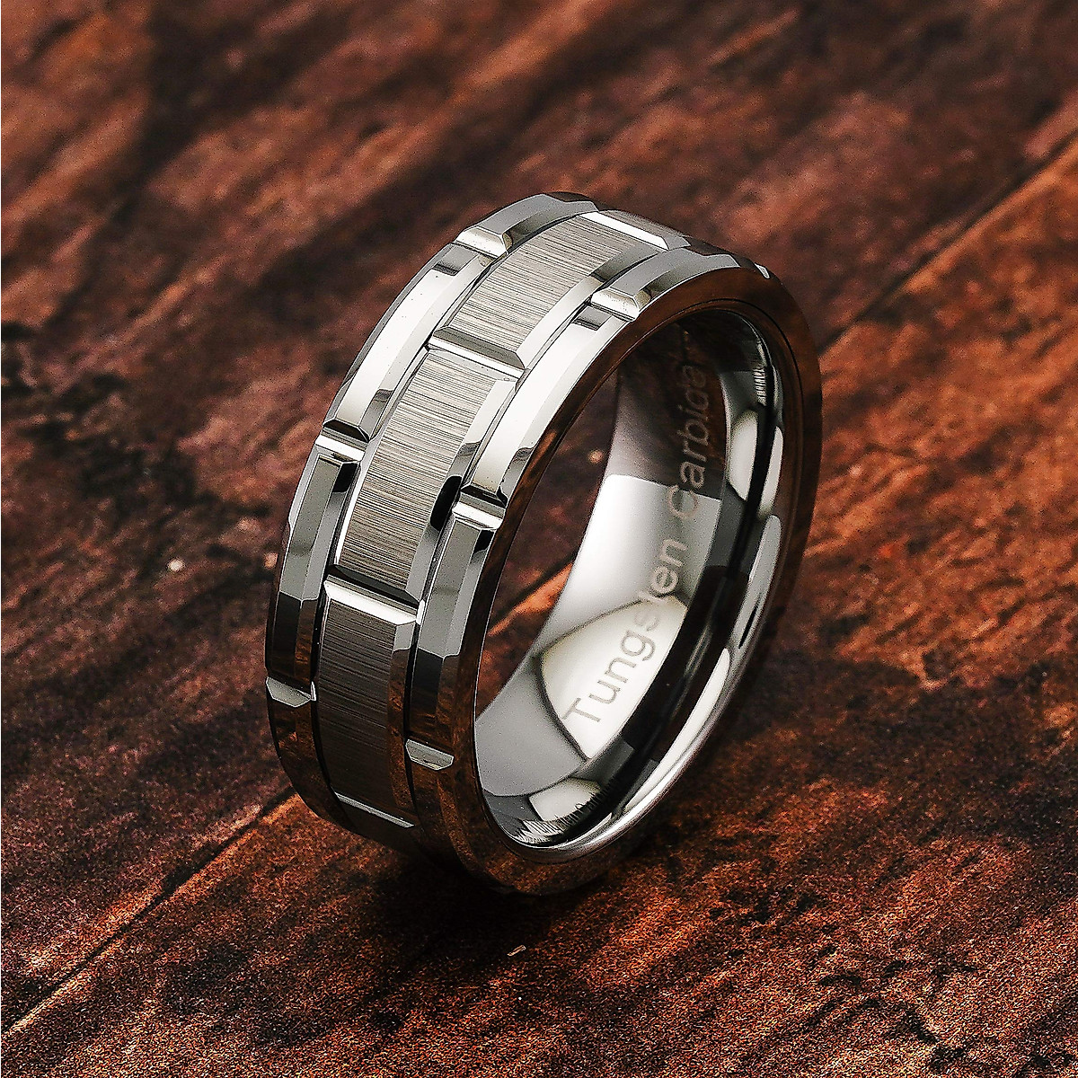 100S JEWELRY Tungsten Rings For Men Wedding Band Silver Brick Pattern Brushed Engagement Promise Size 6-16 (Tungsten, 10)