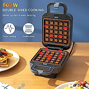 Waffle Maker Mini, Sandwich with Removable Plates 3-in-1, Breakfast Waffle Iron Machine Small Belgian, Donut Maker, Non-Stick, Compact Design, Grilled Cheese, Keto Chaffles, Paninis, Gray 600W BEZIA
