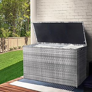 Teamson Home 154 Gallon Lined Weather Resistant Outdoor Rattan Wicker Patio Deck Storage Box with Soft Close Hinges for Patio Furniture Cushions or Pool Accessories, Gray