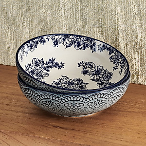 Pfaltzgraff Gabriela Blue Floral Set of 2 Pasta Bowls, 8 Inch, Blue and White