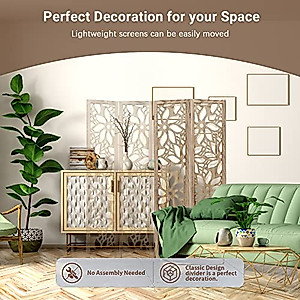 ECOMEX 4 Panel Cutout Room Divider 5.6Ft Wood Room Dividers and Folding Screens Carved Room Dividers Screen for Home Office Restaurant Bedroom, Natural