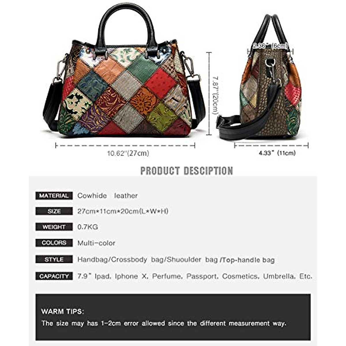 Segater Women Multicolor Splicing Handbag Genuine Leather Tote RANDOM Colorful Top-handle Shoulder Bag Printing Satchels Purses