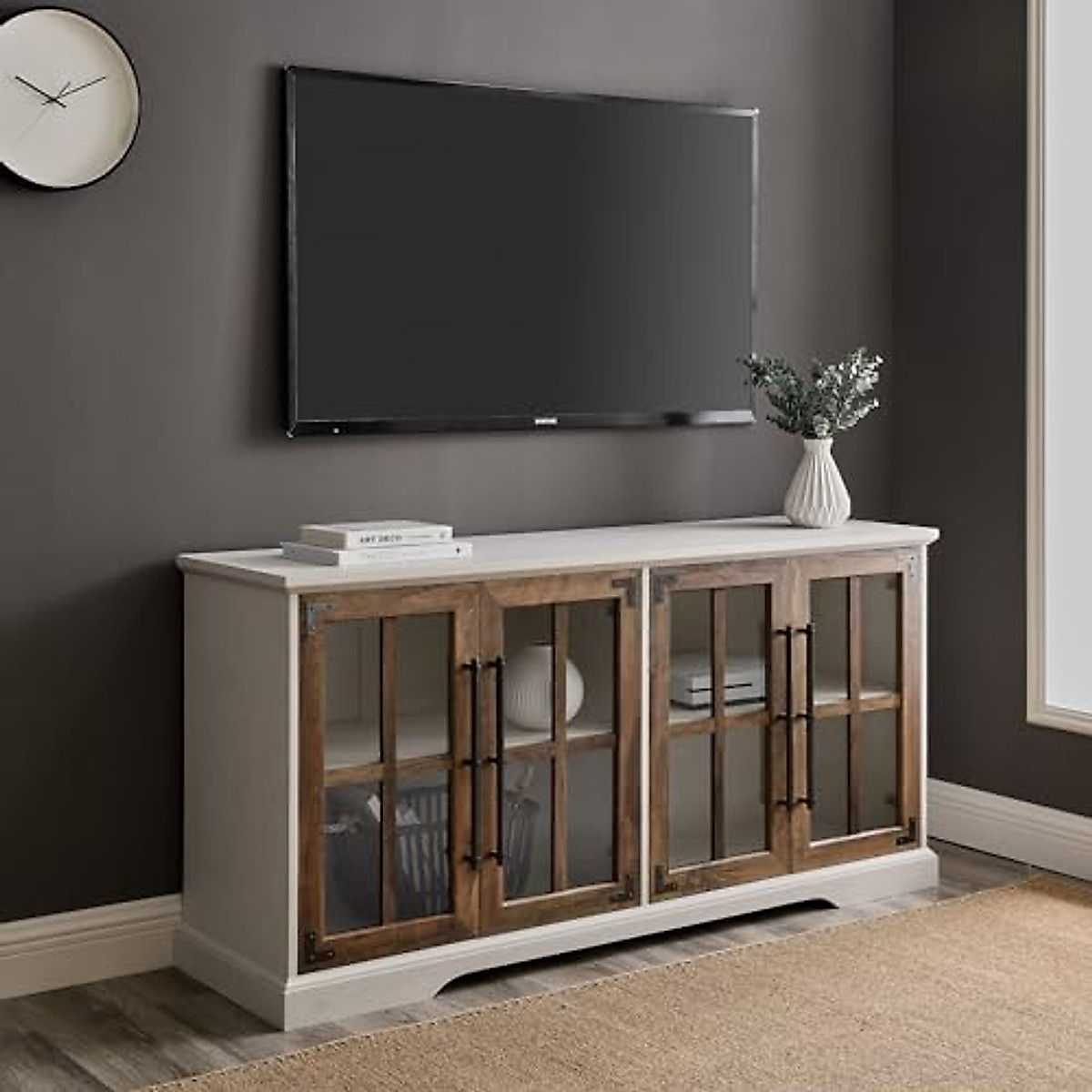 Walker Edison Modern Glass and Wood Universal TV Stand with 4 Door Storage For TV's up to 64" Flat Screen Living Room Storage Entertainment Center, 58 Inch, Rustic Oak