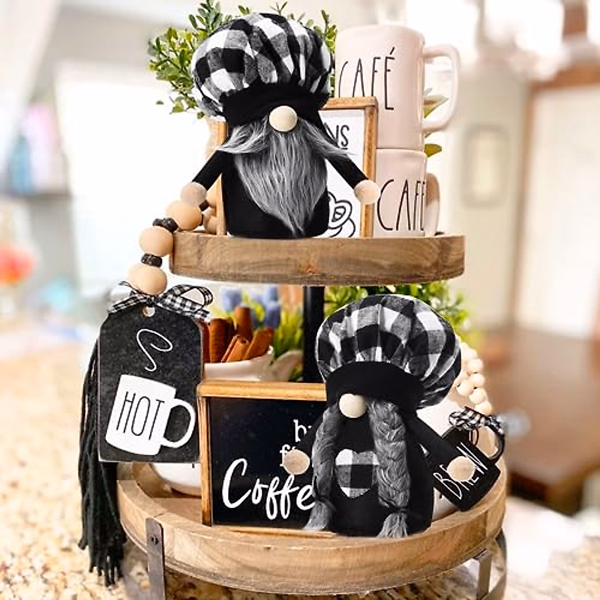 YuQi 2PCS Plaid Kitchen Chef Gnomes Plush, Black White Plaid Couple Cooking Gnome Elf Doll for Home Table Display Ornament, Unique Chriatmas Gifts Ideas