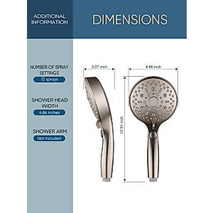 Heemli 12 Functions Shower Head with handheld, High Pressure Detachable Shower Head Set with Hose/ON/Off Button for Pets Dog Bath, Adjustable Bracket Rubber Washers Brushed Nickel