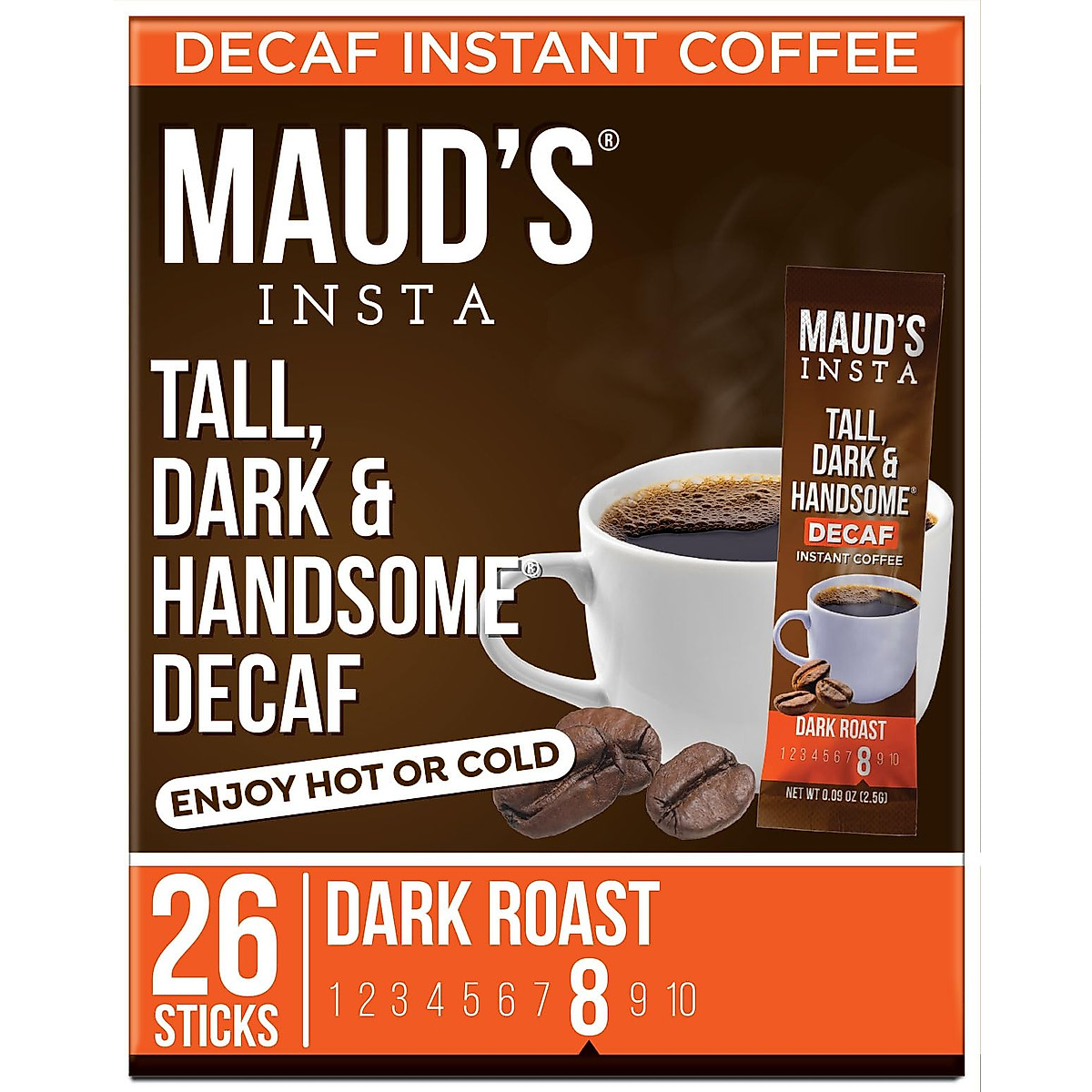 Maud's Dark Roast Decaf Instant Coffee Packets Single Serve, 26 ct | Decaffinated Tall Dark & Handsome | 100% Arabica Dark Roast Coffee Solar Energy Produced | Instant Coffee Powder Travel Packs