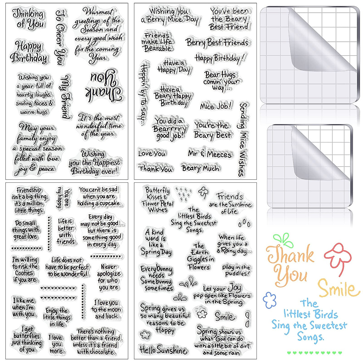 4 Sheets Sentiments Rubber Clear Stamps Set Different Sentiments Rubber Clear Stamp 2 Pieces Acrylic Stamp Blocks Tools with Grid Lines for Holiday Card Making and DIY Scrapbooking Journaling